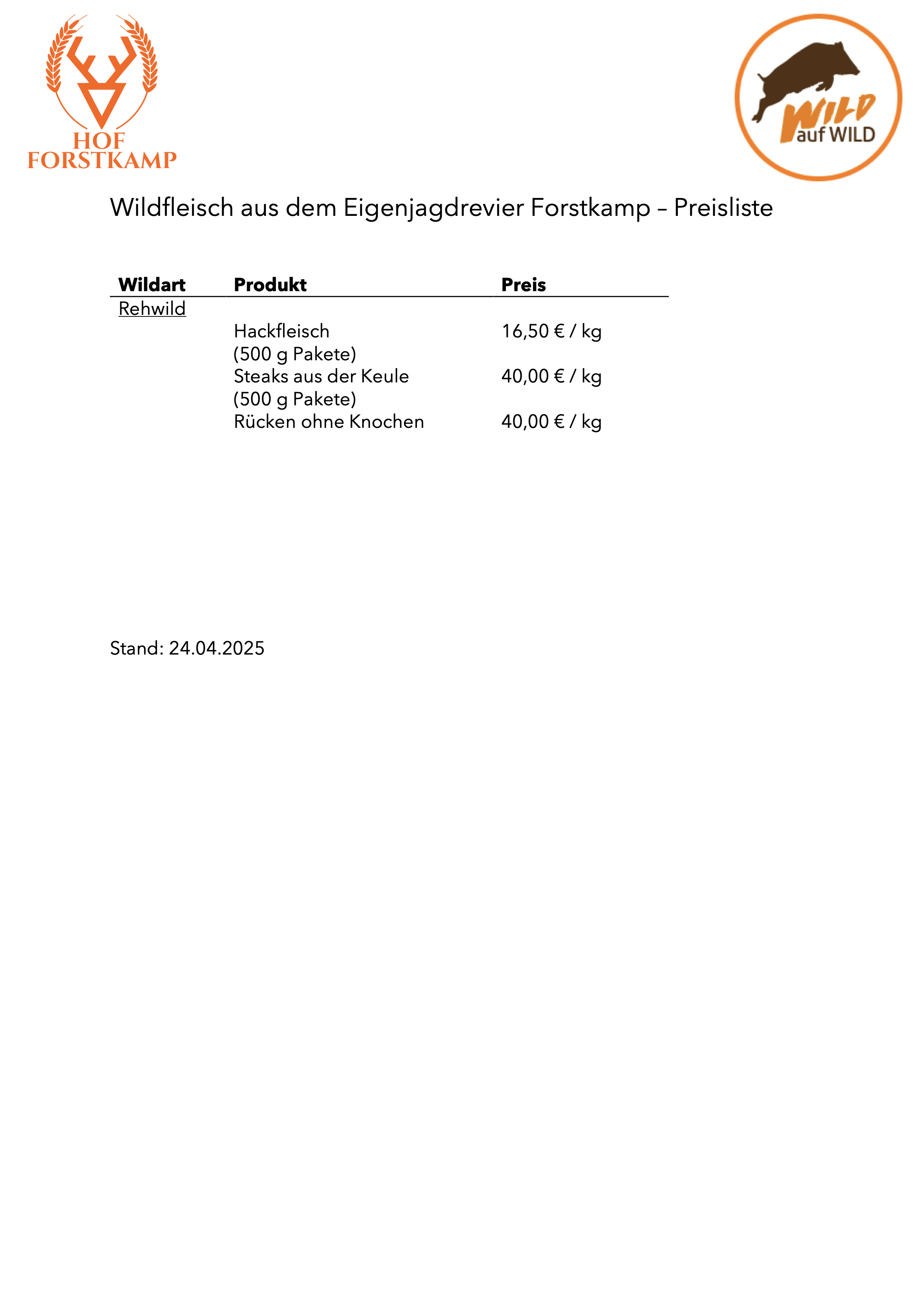 Wildbret aus dem Eigenjagdrevier Forstkamp | Deutscher Jagdverband